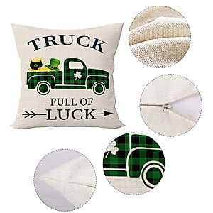 SIBOSUN St Patricks Day Pillow Covers 18x18 Inch Set of 4 Clover Black and Green Buffalo Plaid Shamrock Decorative Throw Pillowcase Lucky Clovers Linen Cushion Case for Home Couch Sofa Decorations