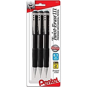 Mechanical Pencil, Pentel Twist Erase .7 MM, Twist-Erase III Automatic, 3 Pack, Black Barrels, Best Professional Pencils for School, Office & Home for Women & Men (QE517BP3)