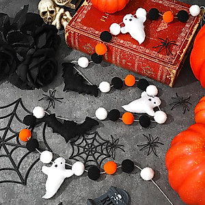 AnyDesign 8.2Ft Halloween Felt Garland Cute 3D Ghosts Bats Hanging Banner Orange White Black Pom Pom Ball Garland for Halloween Party Supplies Fireplace Wall Home Decoration