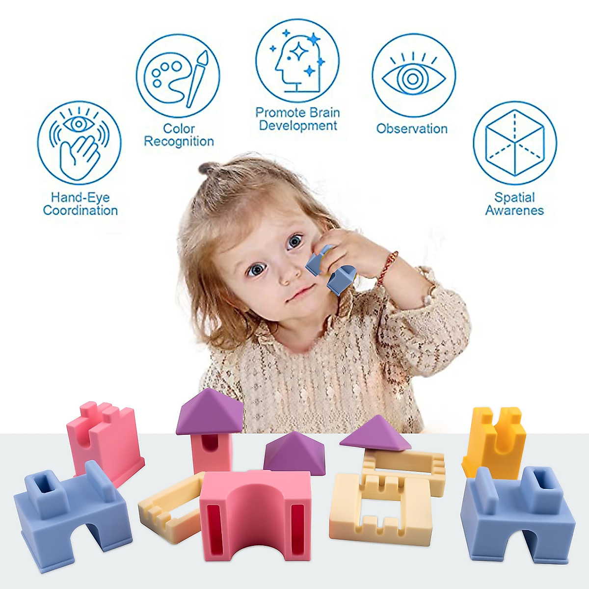 CHIN FAI Silicone Stacking Blocks, 12 PCS Baby Soft Castle Building Blocks - Montessori Kids Stacking & Nesting Toys for Babies 6 Months and up (Purple)