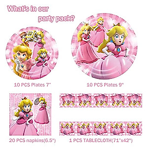 Princess Peach Party Supplies,Girls Birthday Table Plates and Napkins Tablecloth Cover Centerpiece Mario Theme Decoration