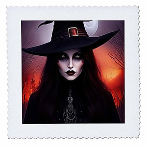 3dRose Dark Fantasy Witch Lady, red Light, Moon, Forest. Halloween... - Quilt Squares (qs-378877-2)