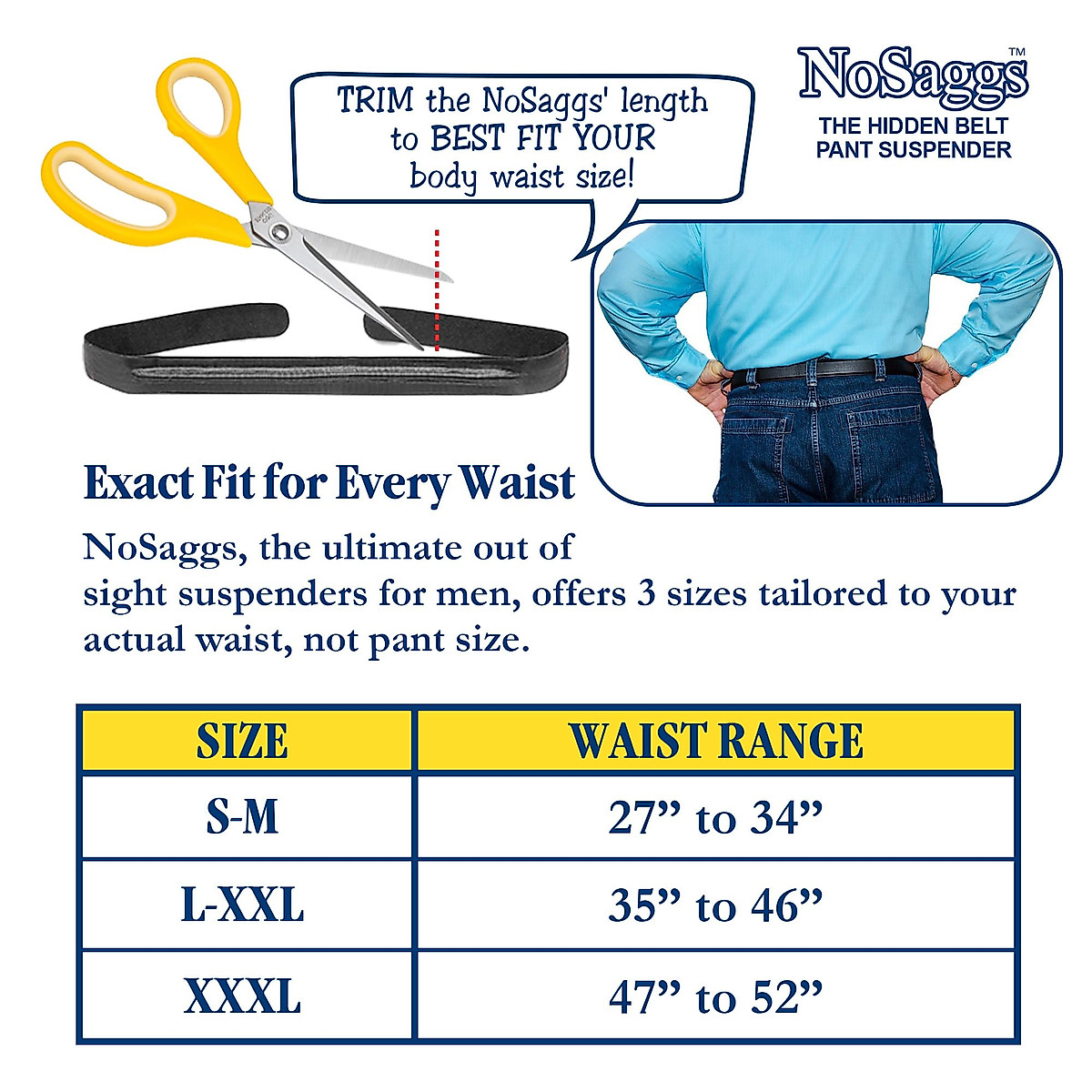 NoSaggs Hidden BELT Pant Suspender for Men – Keep Pants Up Without Suspenders – L-XXL 35-46" Waist