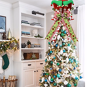 Montekin Christmas Tree Topper Hat with Bow, Red Velvet Top Hat Ornament with Elf Legs and Red & Green Polka Dot Bow, Winter Holidays Xmas Decor for Home Decoration