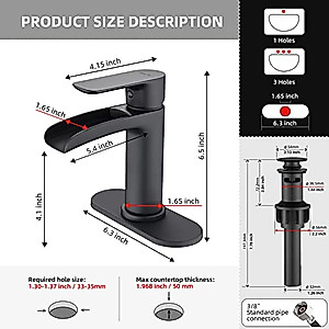 NEWATER Waterfall Brass Bathroom Faucet Single-Handle Black Bathroom Sink Faucet Matte Black Single Hole or 3 Holes 4 inch faucet for bathroom sink，RV Vessel Vanity Faucet with Deck Mount，Pop-Up Drain