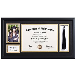 ELSKER&HOME 11x22 Diploma Frames with Tassel Holder for 8.5x11 Certificate Document Shadow Box, 4x6 Graduation Photo, Matte Black Frame, Degree Double Mat, Black with Gold Rim