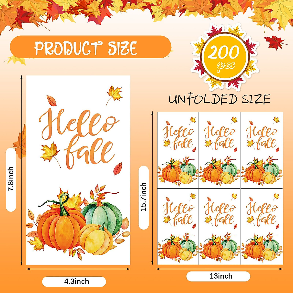 Qeeenar 200 Pcs Fall Napkins Paper Disposable Hand Towels Thanksgiving Pumpkin Napkins Guest Maple Leaves Fall Napkins Decorative for Autumn Home Dinner Party Decor Kitchen (Classic,4.3 x 7.8 Inch)