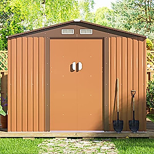 JAXPETY 9x10.5 FT Outdoor Storage Shed - Galvanized Metal Storage Shed Garden Shed with Double Lockable Doors and Floor Frame Backyard Shed for Garden Patio Backyard Lawn Tools, Brown