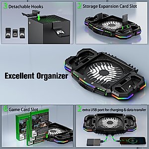 Cooling Fan Charging Stand for Xbox Series X Console and Controller - Vertical Cooler System & Charger Station with 15 RGB Light Modes, 2 Batteries and 3 Holders for Xbox Series X Accessories Storage