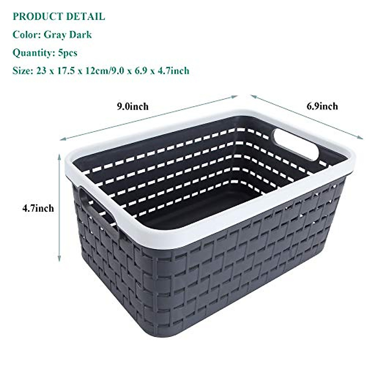 5Pack Plastic Storage Basket Dark Gray, Desktop Weave Baskets with Handle, Portable Bathroom Open Storage Bin, Small Plastic Containers Shelf Brackets for Shelves Countertop Kitchen Cabinet Office