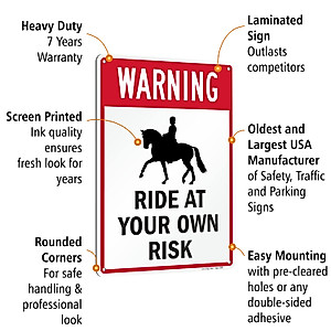 SmartSign 14 x 10 inch “Warning - Ride At Your Own Risk” Metal Sign with Graphic, 40 mil Laminated Rustproof Aluminum, Red, Black and White, Made in USA