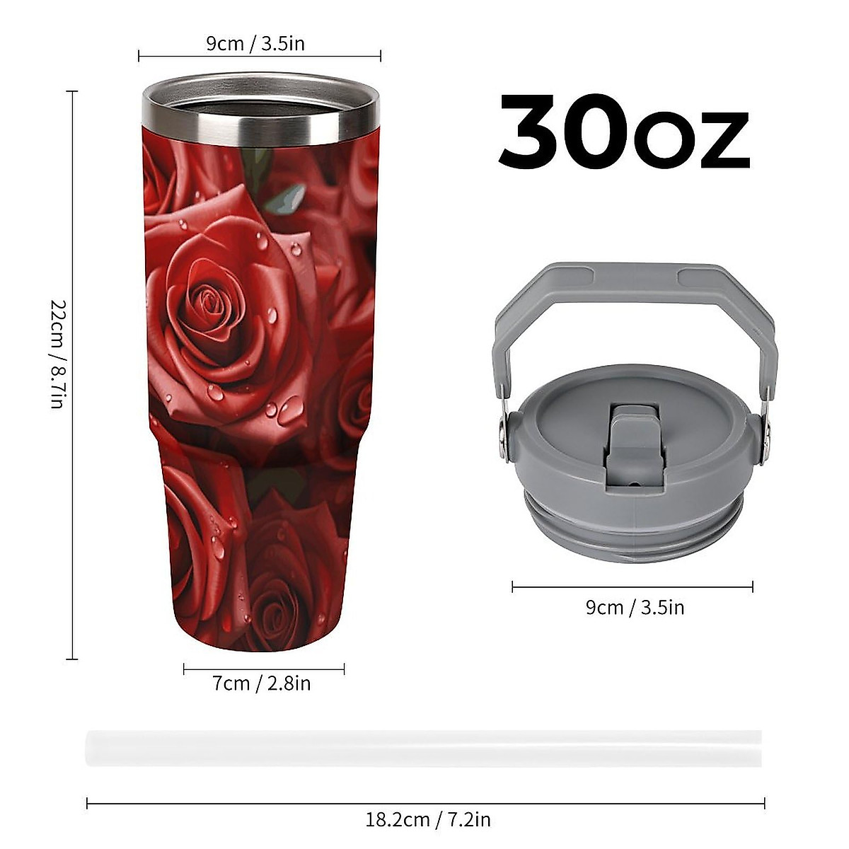 Many Red Roses Tumbler 30oz Large Capacity Car Cup with Handle Fit in Any Car Cup Holder Stainless Steel Leakproof Insulated Coffee Tumblers with Lid And Straw
