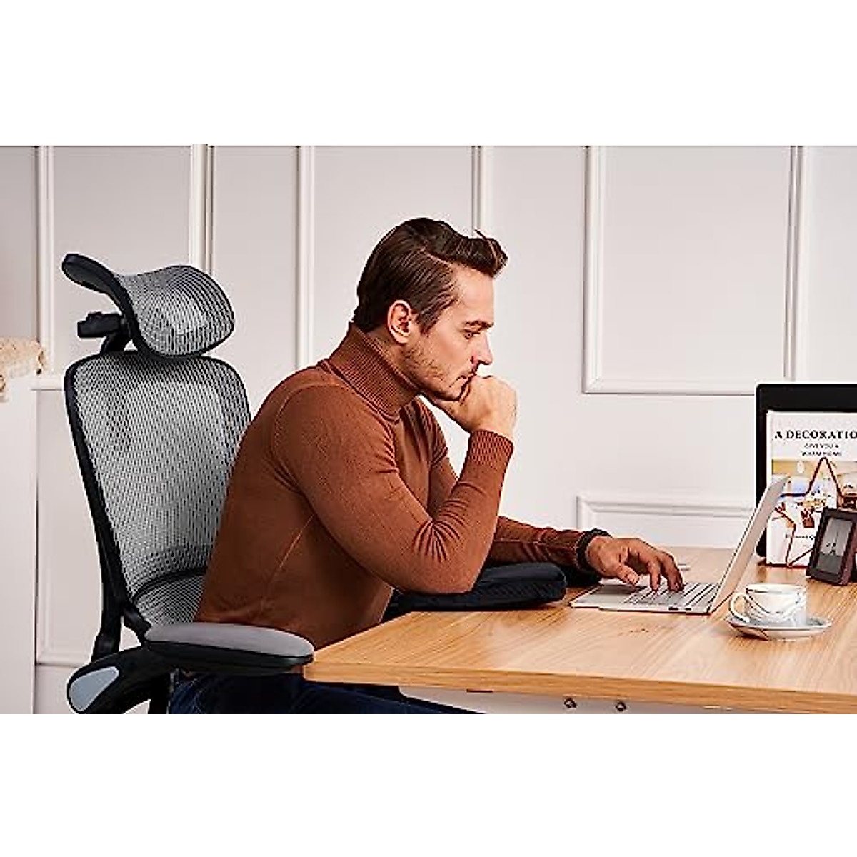 Home Office Chair Ergonomic Mesh Desk Chair with Headrest& Flip up Armrest Gaming Chair Computer Chair with Lumbar Support, Swivel Chair Executive Chairs High Back Office Chair, Grey, 1 Pack