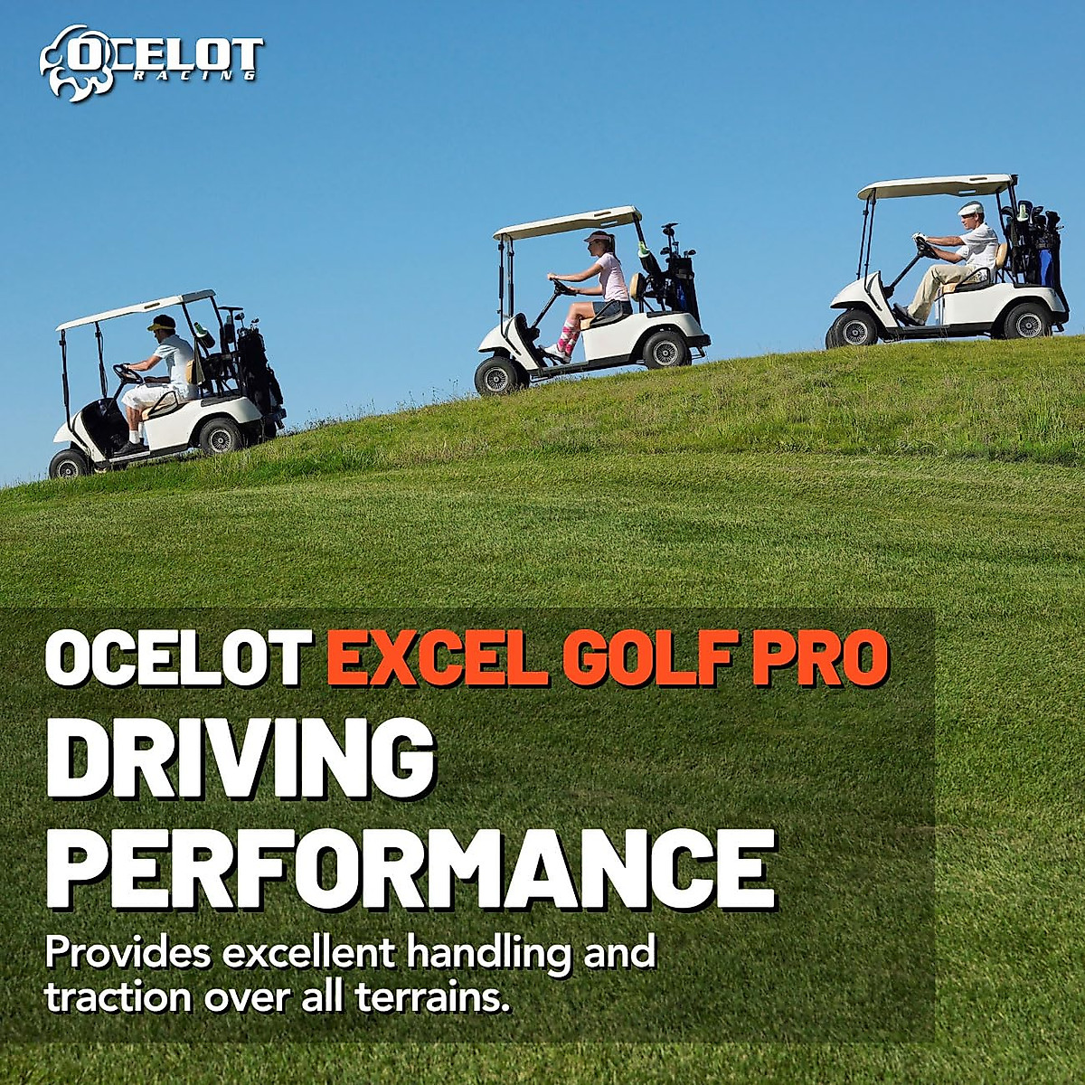 Ocelot Excel 18x8.5-8 Golf Cart Tires with White 8x7 4/4 2.5+4.5 Steel Wheel, Fits Club Car, Golf Carts With Stock Size 8x7 OEM Wheels, Tubeless tire, Turf Style Tread for Low Impact On Grass