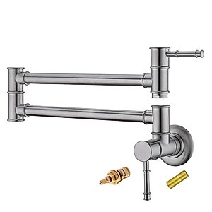 GICASA Pot Filler Faucet Wall Mounted, Double Joint Swing Arm Single Hole Pot Filler Faucet Brushed Nickel, Two Handles Brass Folding Stretchable Kitchen Faucet Pot Filler