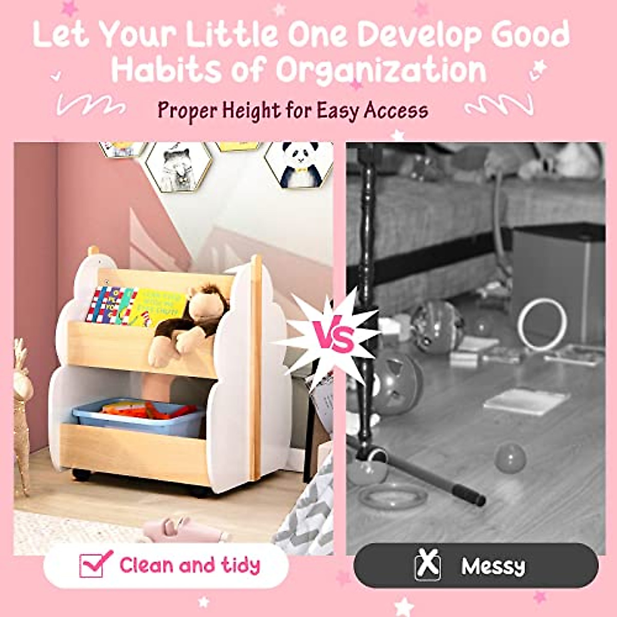 UIIAIOUIAIO Kids Bookshelf, 2-Tier Wooden Storage Shelf Book Rack with Universal Wheel