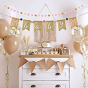 FeelWarm Boho Rainbow Baby Burlap Banner with Pom Pom Garland Bohemia Hippie Pre-strung Swallowtail Flag Banner Wool Felt Balls Hanging Garland Decoration Baby Shower Photo Prop for Neutral Baby