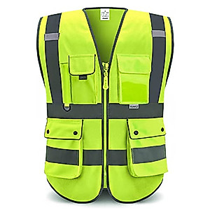 XIAKE 8 Pockets Class 2 High Visibility Reflective Safety Vest for Men Women Construction Working Running Cycling Vests(X-Large,Yellow)