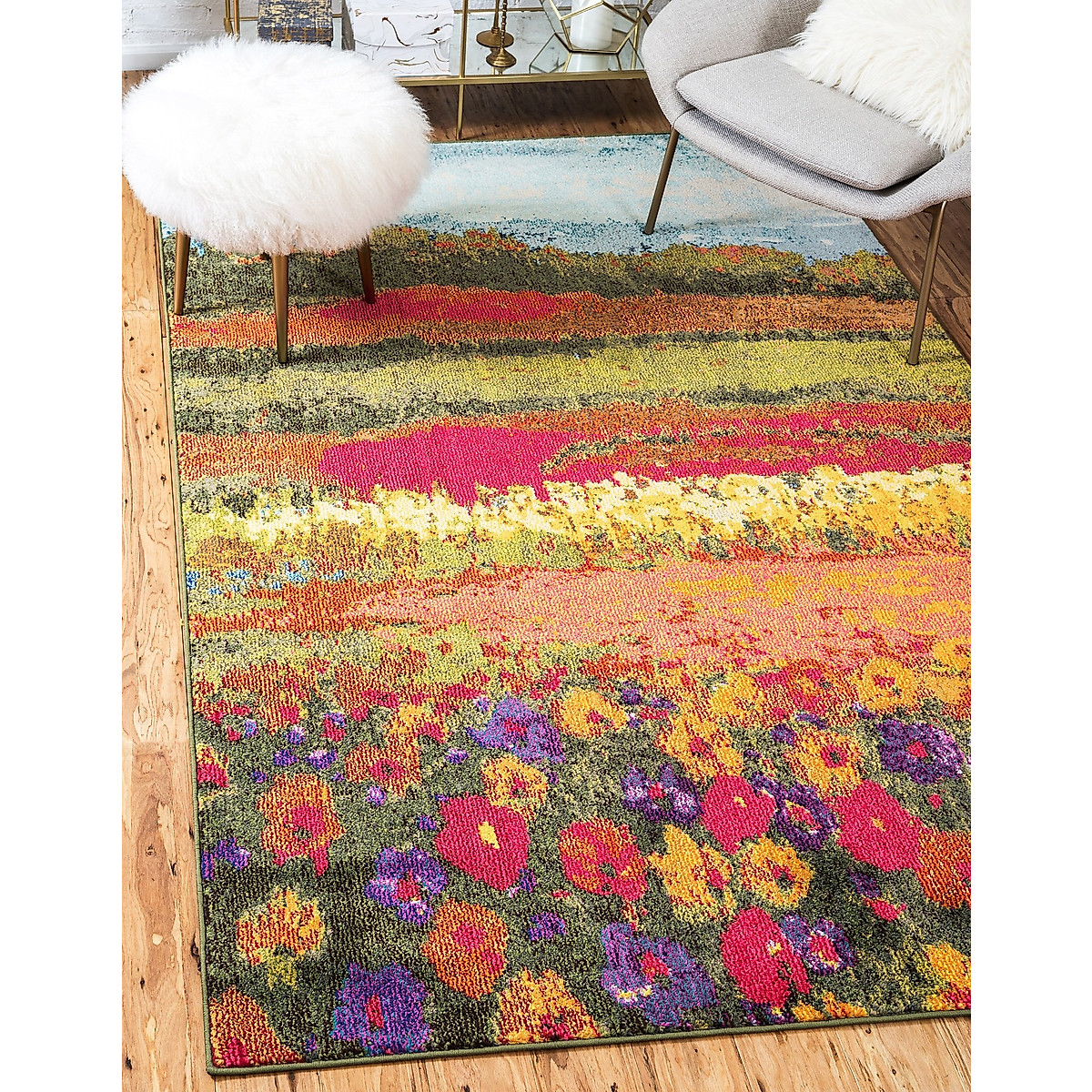 Unique Loom Estrella Collection Floral, Landscape, Abstract, Modern, Fields Area Rug, 5' 1" x 8' 0", Multi/Green