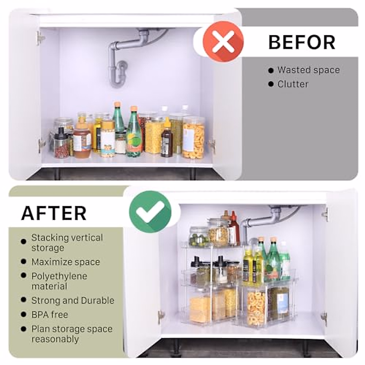 3 Tier Clear Bathroom Storage Organizer with Dividers, Pull Out Under Sink Organizers and Storage, Multi-Purpose Cabinet Organizers and Storage for Bathroom, Kitchen, Pantry, Vanity, Countertop