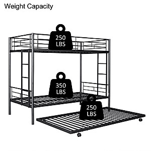 CALABASH Twin Over Twin Metal Bunk Bed with Trundle Heavy Duty Twin Size Bunk Beds Frame with 2 Side Ladders,Bunkbed with Safety Guardrails for Adults,Boys,Girls (New Black)