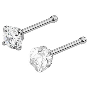 Forbidden Body Jewelry Set of 2 Straight Nose Studs: 20g Surgical Steel Round & Heart Shaped Clear CZ Crystal Nose Rings