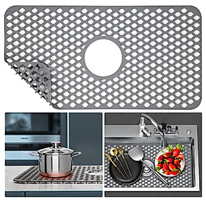 Sink Protector for Kitchen Sink,24.5''x12.9'' Silicone Sink Mat Grid Accessory for kitchen sink with Center Hole Nonslip Heat Resistant for Bottom of Farmhouse Stainless Steel Porcelain Sink