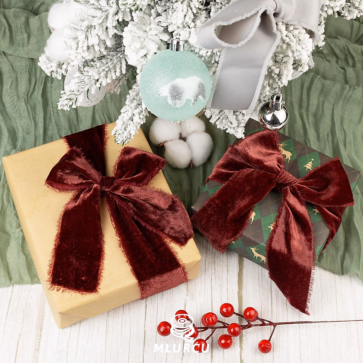 Mlurcu Silk Velvet Ribbon 2 Inch Handmade Frayed Fringe Ribbon Rustic Boho Raw Edge Fabric Ribbons for Wedding Vow Books Invitations Bridal Bouquets Gift Wrapping Christmas Baby Shower Decorations