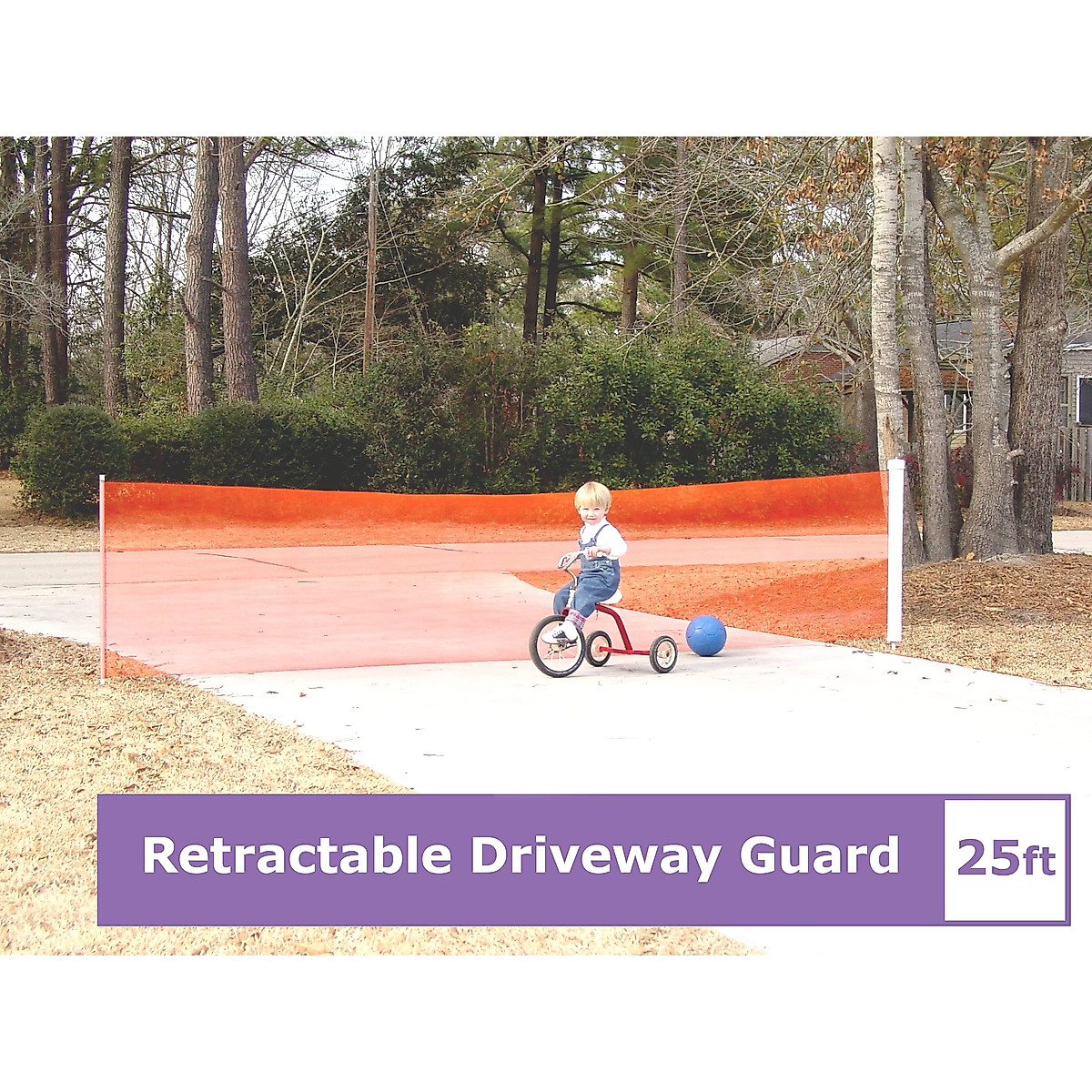 Kidkusion Retractable Driveway Guard, Orange, 25' Driveway Safety; Made in The USA; Outdoor; Visual Barrier; Adjustable
