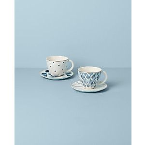 Lenox Blue Bay 4-Piece Teacup & Saucer Set, 2.09, White