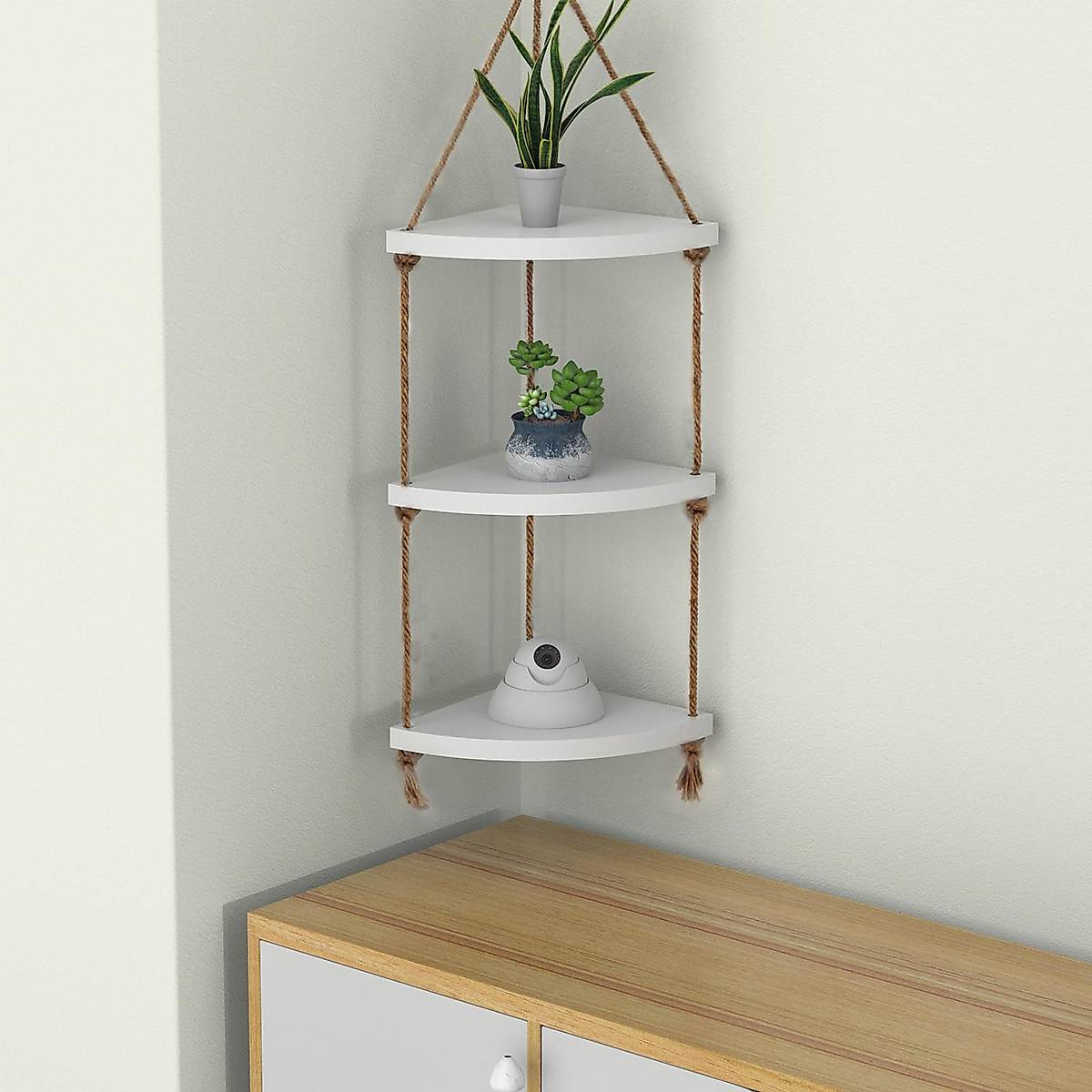 Tirzah 3-Tier Hanging Wall Corner Shelf with Rope, 9 inches White Real Wood Circular Sector Floating Shelf for Home Decor, Kitchen Organizer