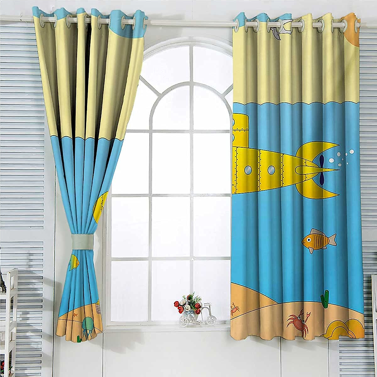 Blue Yellow Beige Kids Blackout Curtains 84 Inch Long Yellow Submarine Grommets Blackout Curtains for Bedroom/Living Room W72 x H84