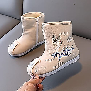 Boys Cloth Shoes Children Embroidered Shoes Boys Hanfu Shoes Boots Chinese New Year Shoes Cotton Boots Sneaker Boots for Kids (Beige, 11.5-12 Years Big Kids)