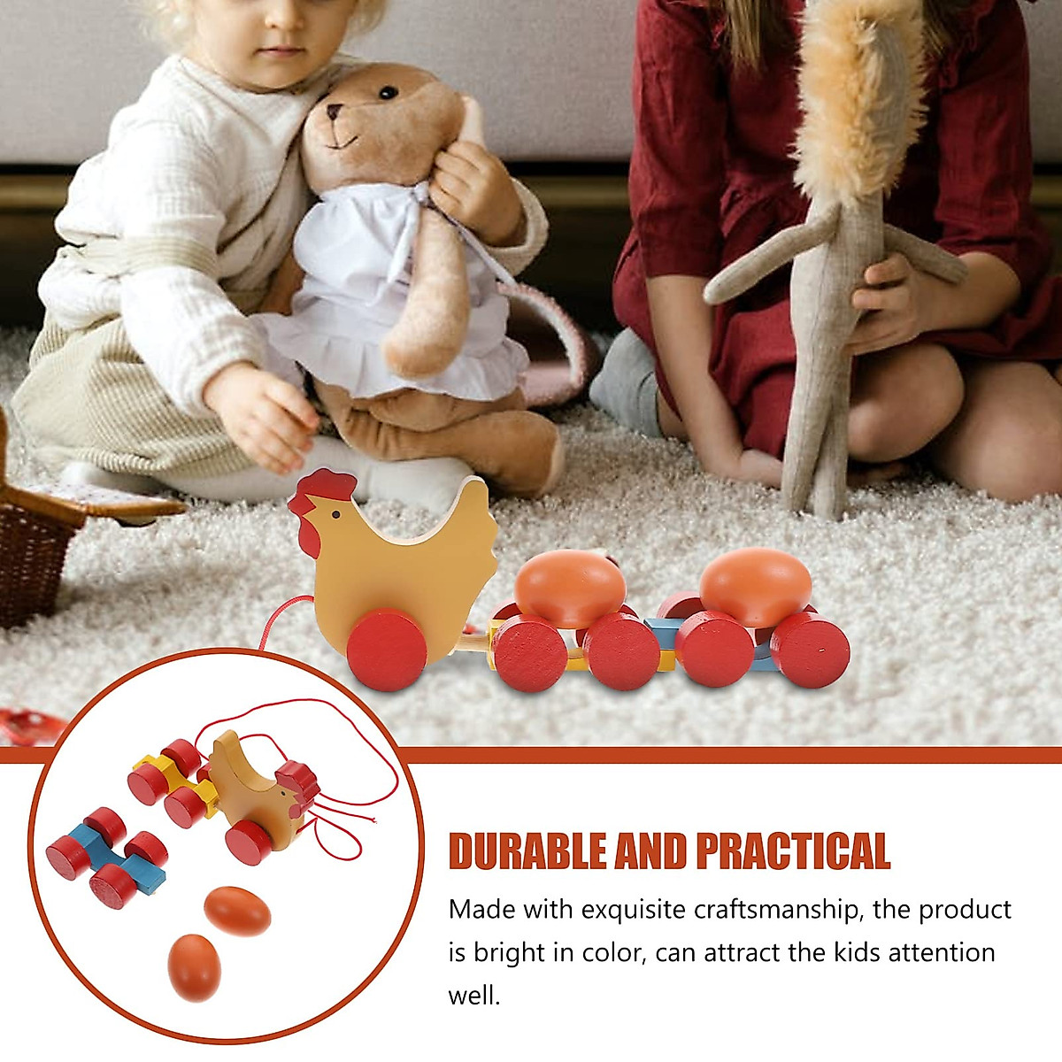 Pull- Along Wooden Chicken Pull Toddler Toy Push- Along Walking Toy for Beginner Walkers Helps Fine Sports Skills for Easy Push and Pull Action Classic Developmental Pull Toy