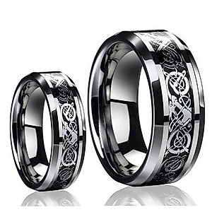 Ring for Men and Ring for Women His & Her's 8MM/6MM Tungsten Carbide Celtic Knot Dragon Design Carbon Fiber Inlay Wedding Band Ring Set Wedding Band Ring Ideal Rings for couples