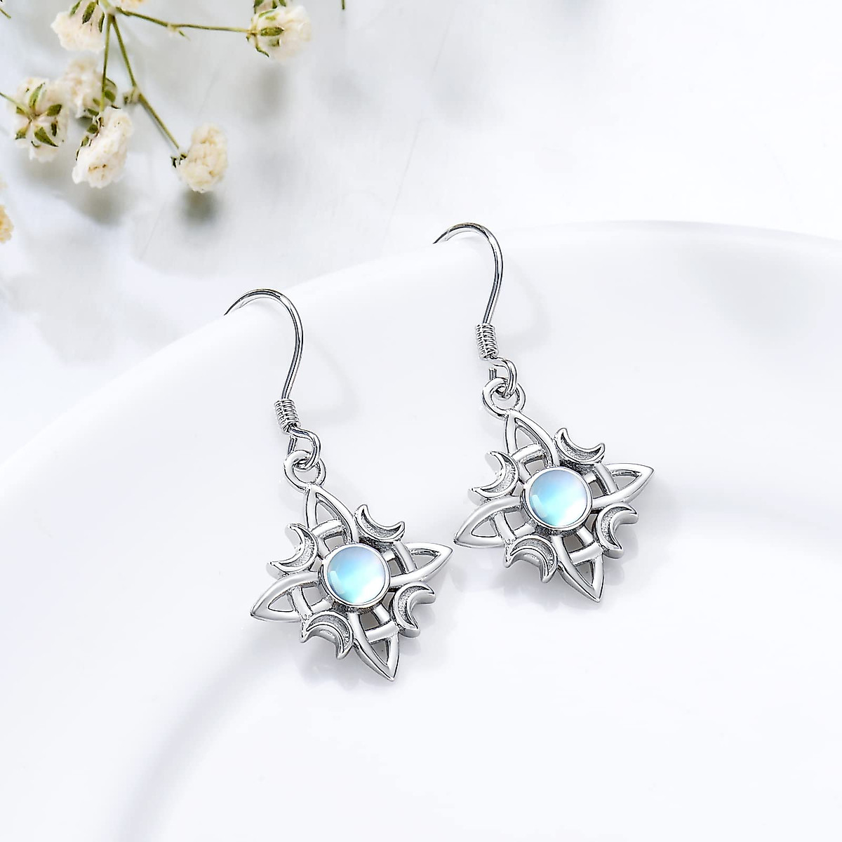 Witches Knot Moonstone Dangle Earrings 925 Sterling Silver Wicca Moon Irish Celtic Dangling Drop Jewelry for Women
