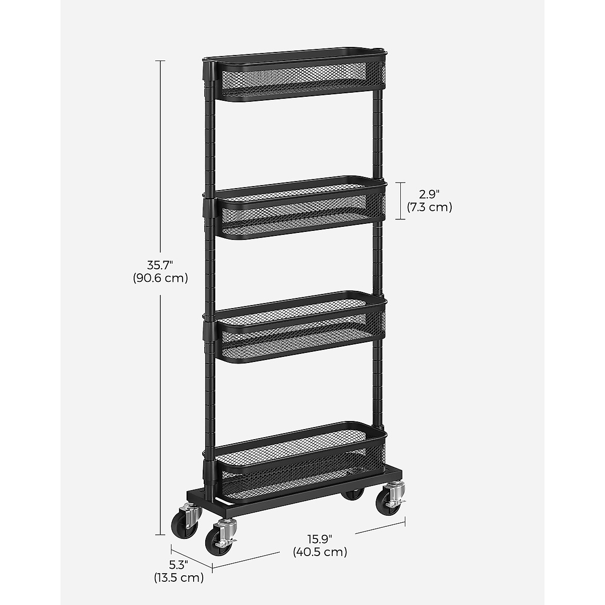 SONGMICS Slim Storage Cart, 4-Tier Metal Rolling Cart with Wheels, Flexible Baskets, Narrow Cart for Kitchen, Bathroom, Laundry Room, Easy Assembly, Black UBSC065B01