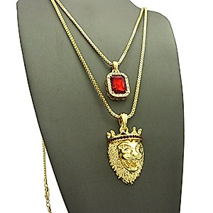 Gold Tone Micro Colorful Gemstone King Crown Lion Head Pendant 2mm 24", 30" Box Chain 2 Necklace Set (Gold + Red)