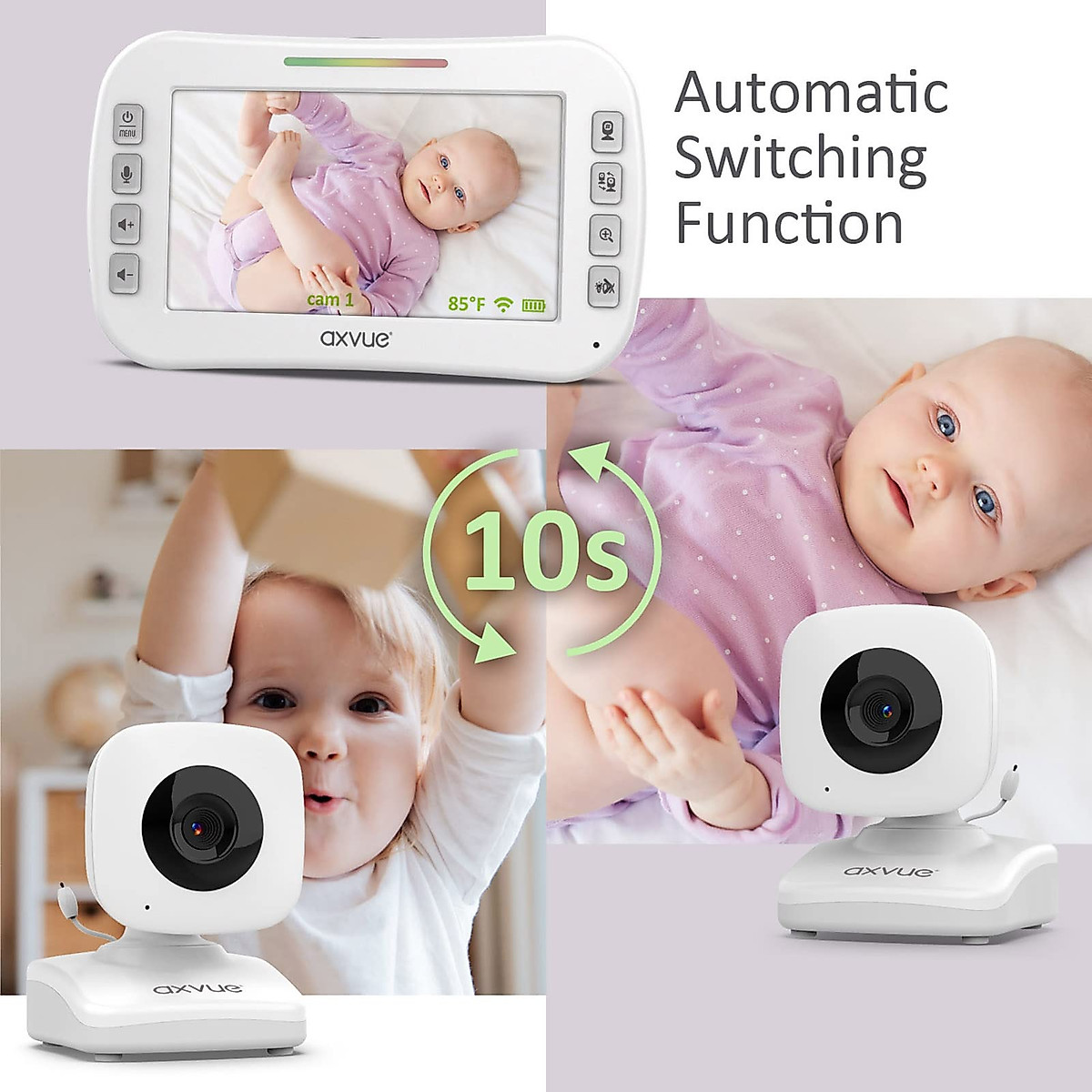 Axvue Video Baby Monitor, Comfortable Slim Design Handheld Enclosure, 4.3" Screen Monitor & 2 Camera, Range up to 1000ft, 12 Hour Battery Life, 2-Way Talk, Night Vision, Temperature Monitor, No WiFi.