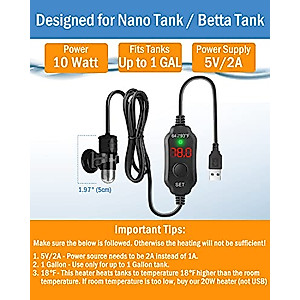 Kulife 5V/2A USB Powered 10W Super Mini Fish Tank Heater Adjustable Submersible Aquarium Heater Betta Heater Turtle Heater with LED Display Thermostat - for up to 1 Gallon Tanks