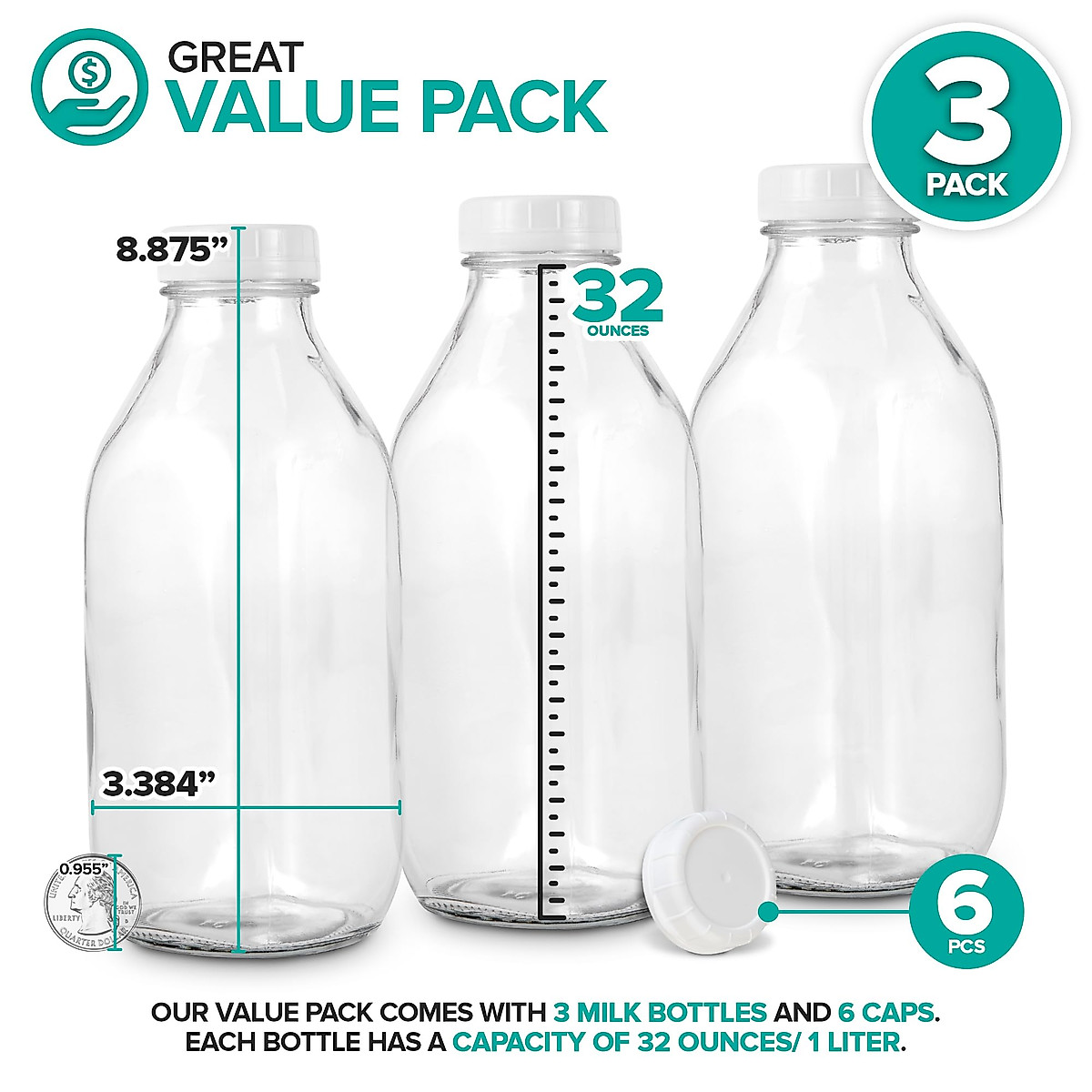 Stock Your Home Liter Glass Milk Bottle with Lid (3 Pack) 32 Oz Jugs and 6 White Caps, Reusable Food Grade Milk Container for Refrigerator, Bottles for Juice, Oat or Plant Milks, Water, Honey