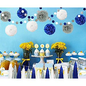 InBy 26pcs Tissue Paper Flower Pom Poms Party Decorations Kit Navy Blue Grey White Tassel Garland for Wedding First Birthday Bridal Baby Shower Graduation Bachelorette Party Supplies (12" 10" 8")