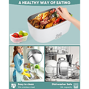 Eocolz Electric Lunch Box Food Heater Warmer 60W, 2 in 1 Portable Lunch Box for Car Truck Home Work Leak Proof with 1.5L Removable 304 Stainless Steel Container & Spoon 2 Compartments 110V 12V 24V