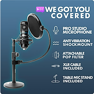 Movo PodPak4T 4-Pack Universal XLR Podcast Microphone Bundle- Includes 4 Cardioid Condenser Mics, Desktop Mic Stands, Pop Filters, Shock Mounts, and Cables for Podcast Equipment