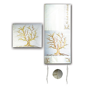 Yair Emanuel Gold, Copper, and Silver Shades Tree of Life Design Embroidered Raw Silk Tallit Set