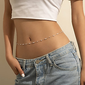 Asphire Bohemian Pearl Waist Chain Tiny Dainty Satellite Seed Beads Body Chain Boho Summer Beach Jewelry Sexy Belly Dance Accessories for Women Teens Girls (Silver)
