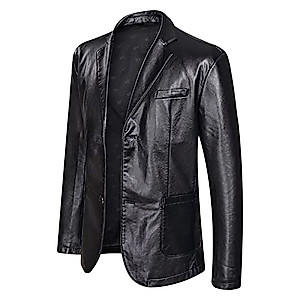 Mens Faux Leather Moto Blazer Classic Casual PU Leather Slim Jacket Stylish Motorcycle 2 Button Lapel Sport Coat (Black,170)