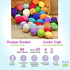 Premium Crochet Yarn Kit | 40 Colorful Acrylic Yarns (875 Yards), All Crocheting and Knitting Supplies for Yarn Crafts, and Books for Design Inspirations | Ideal Starter Set for Beginners and Adults
