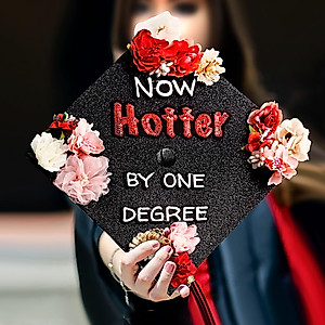 GRADWYSE Black Glitter Graduation Cap Topper with Flowers, Graduation Cap Decorations, Class of 2024 Grad Cap Topper, Now Hotter by One Degree