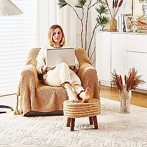 Cpintltr Pouf Ottoman Natural Water Hyacinth Footrest Pouffe Hand Weave Seagrass Boho Ottomans Footstool with Non-Skid Pine Legs for Bedroom Living Room Patio White